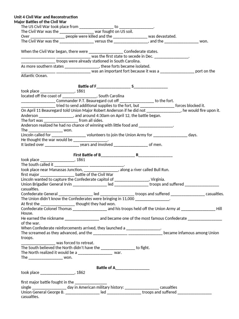 Major Battles of Civil War Slotted Notes Editable | PDF | American ...