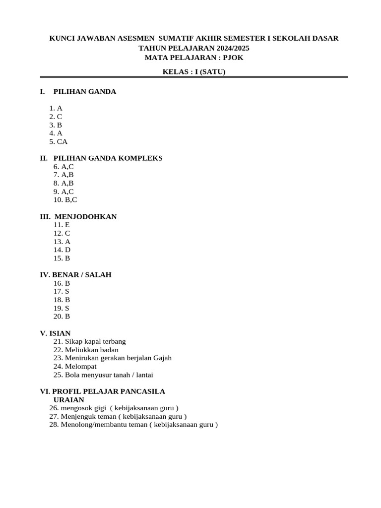 KUNCI JAWABAN ASAS 1 KELAS 1,2,3,4,5,6 Tahun - 2024 2025 | PDF