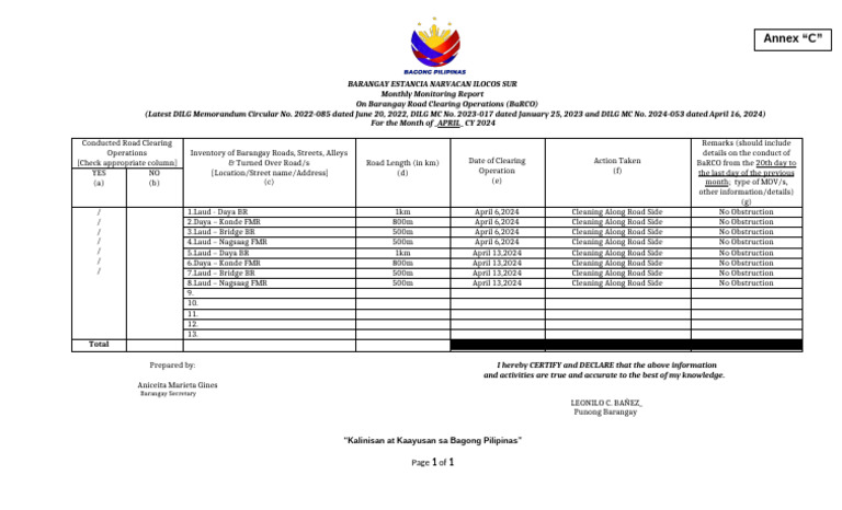 Barangay Road Clearing Report - April 2024 | PDF