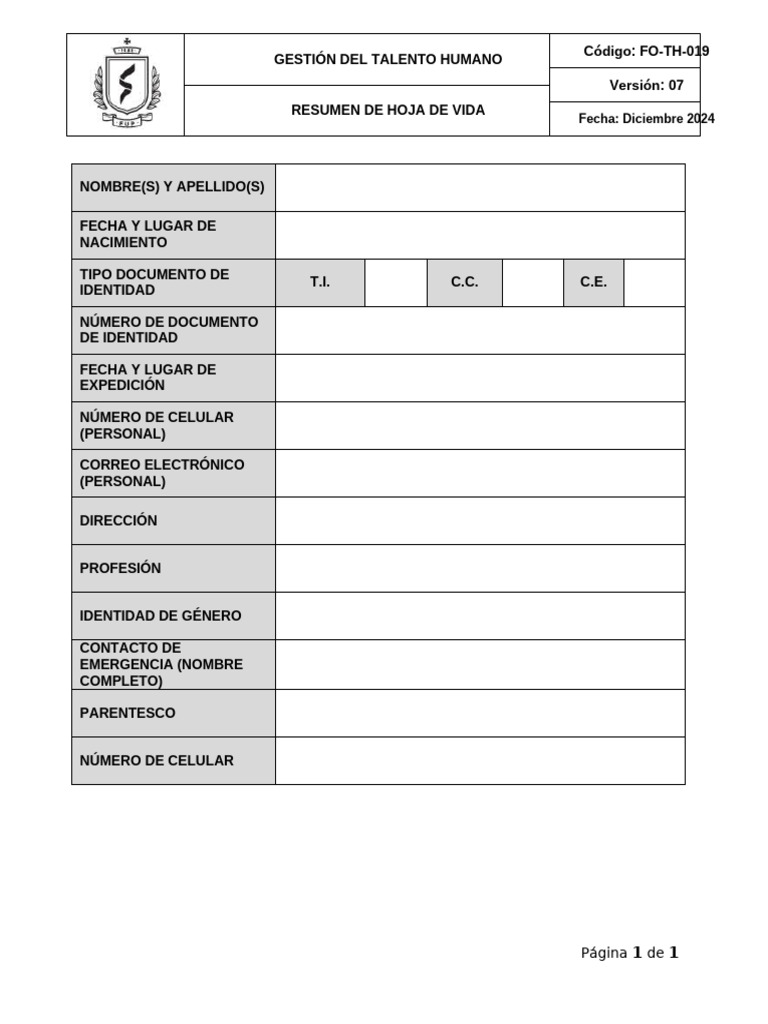 FO-TH-019 Resumen Hoja de Vida V7 | PDF