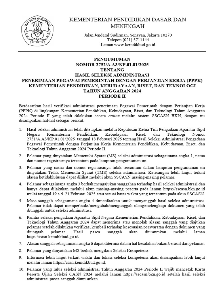 Hasil Seleksi Administrasi PPPK Kemdikbudristek TA 2024 Periode II | PDF
