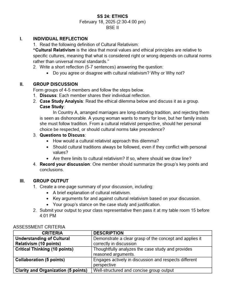 Ss24 Cultural Relativism Activity | PDF | Relativism | Liberal Arts ...
