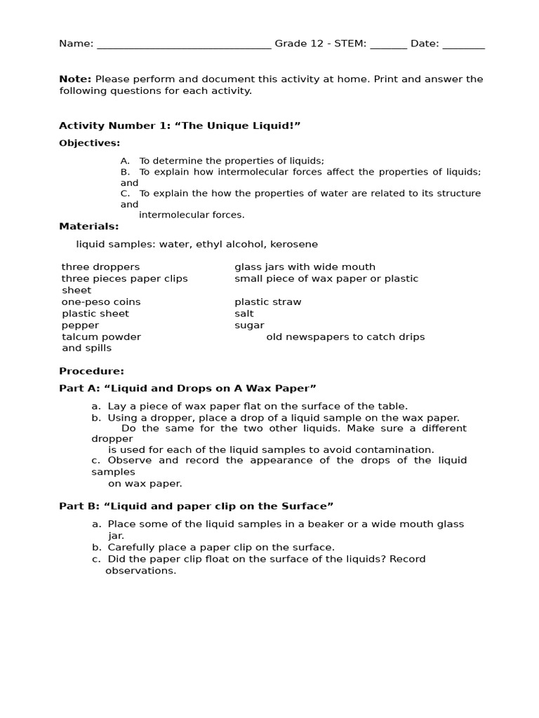 Exploring Liquid Properties and Forces | PDF | Water | Liquids