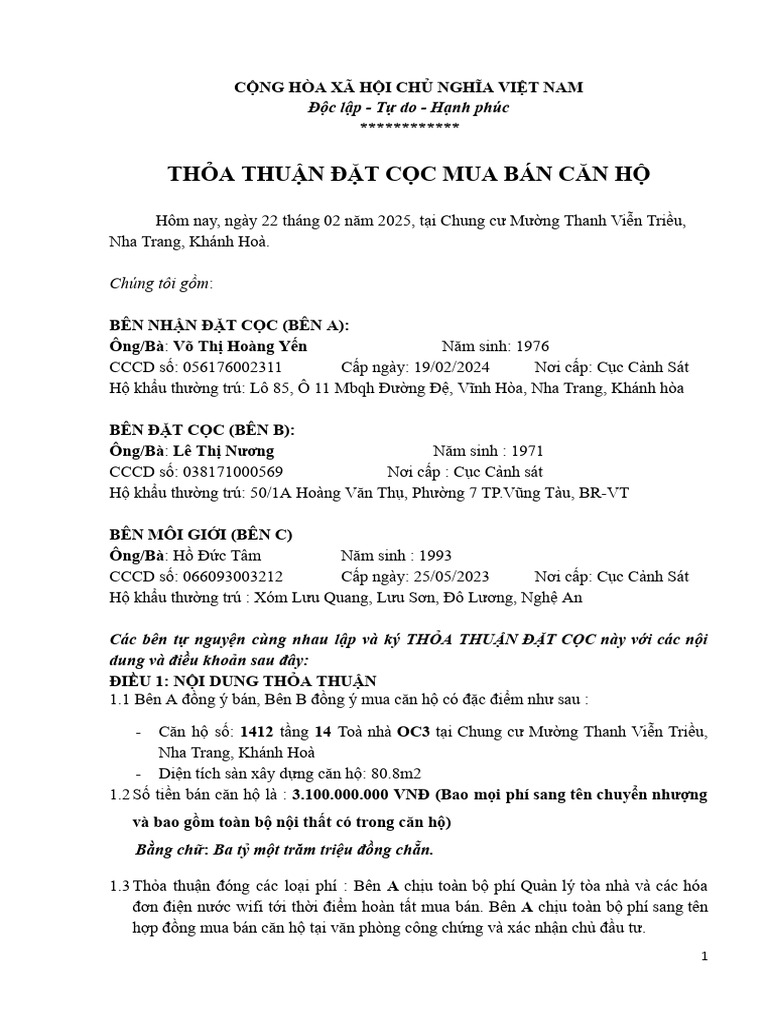 HỢP ĐỒNG ĐẶT CỌC CĂN HỘ 1412 - TÒA OC23 | PDF