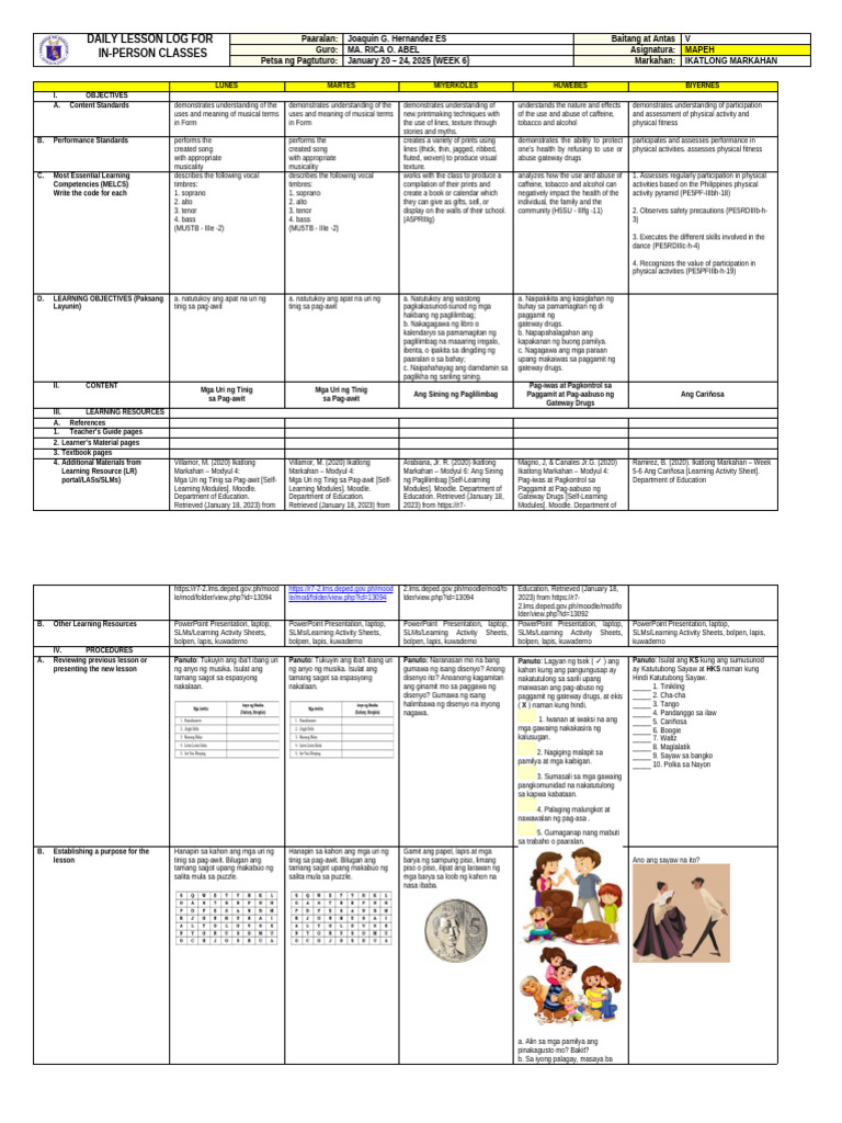 G5 Q3W6 DLL MAPEH (MELCs) | PDF