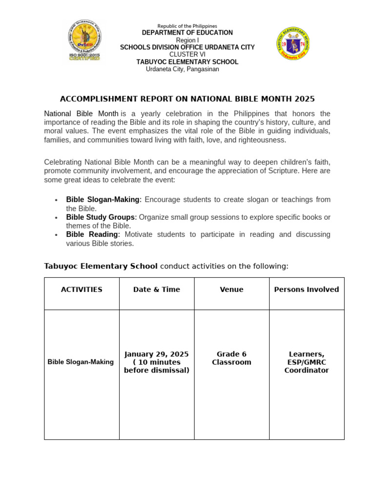 National Bible Month at Tabuyoc ES | PDF | Bible | Learning
