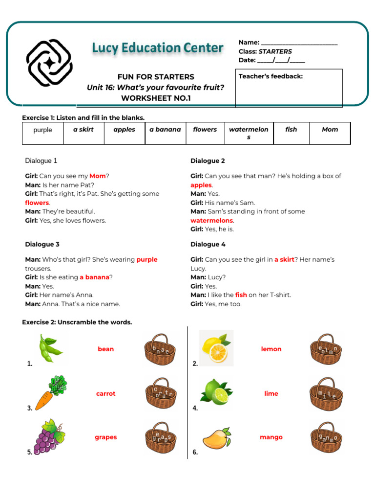 L1.fun For Starters - Unit 16.Ws - Key | PDF | Cuisine | Foods