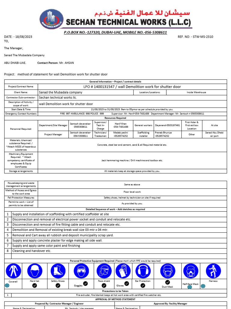 2310-SANAD-MEHTOD OF WORK STETMENT--DEMOLATION-AUG-2023 | PDF | Personal Protective Equipment ...