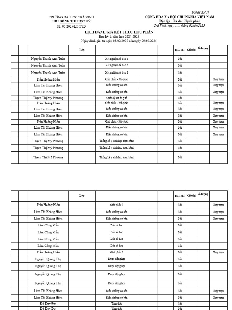 Lịch thi số 05-2025 TYD | PDF