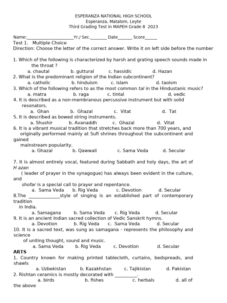 3RD GRADING TEST | PDF | Pyotr Ilyich Tchaikovsky | Franz Liszt