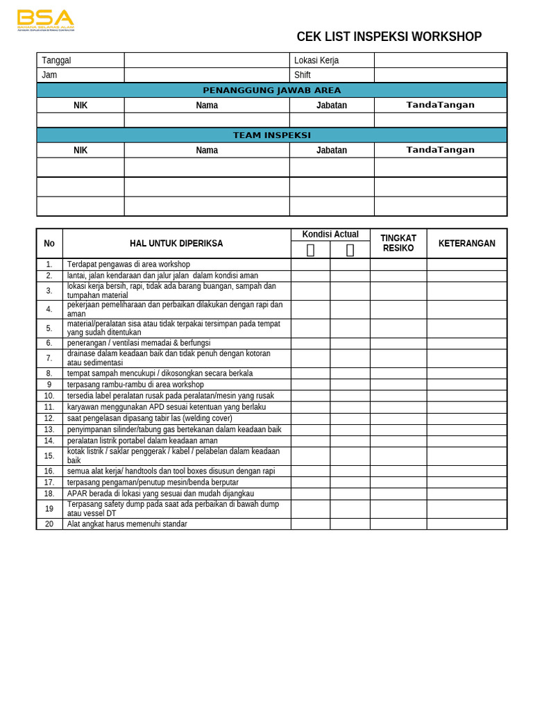 Ceklist Inspeksi Workshop | PDF
