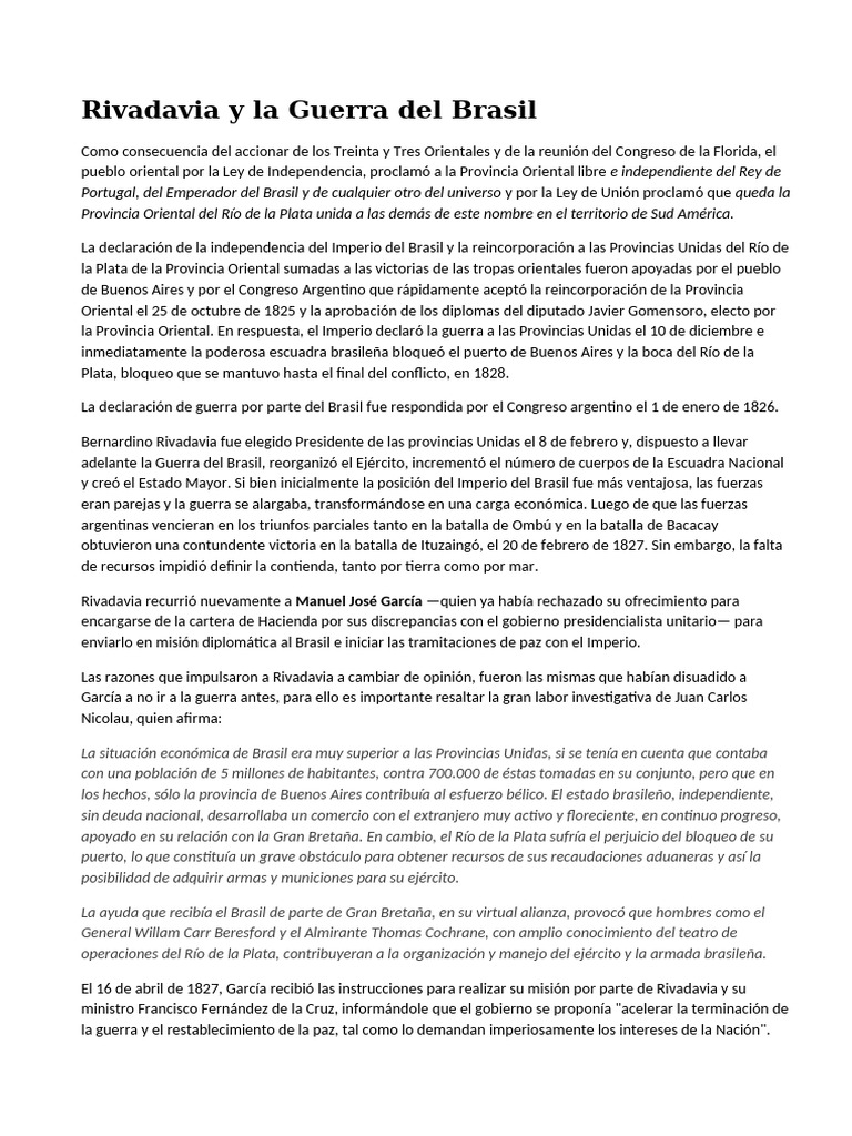 Rivadavia y La Guerra Del Brasil | PDF