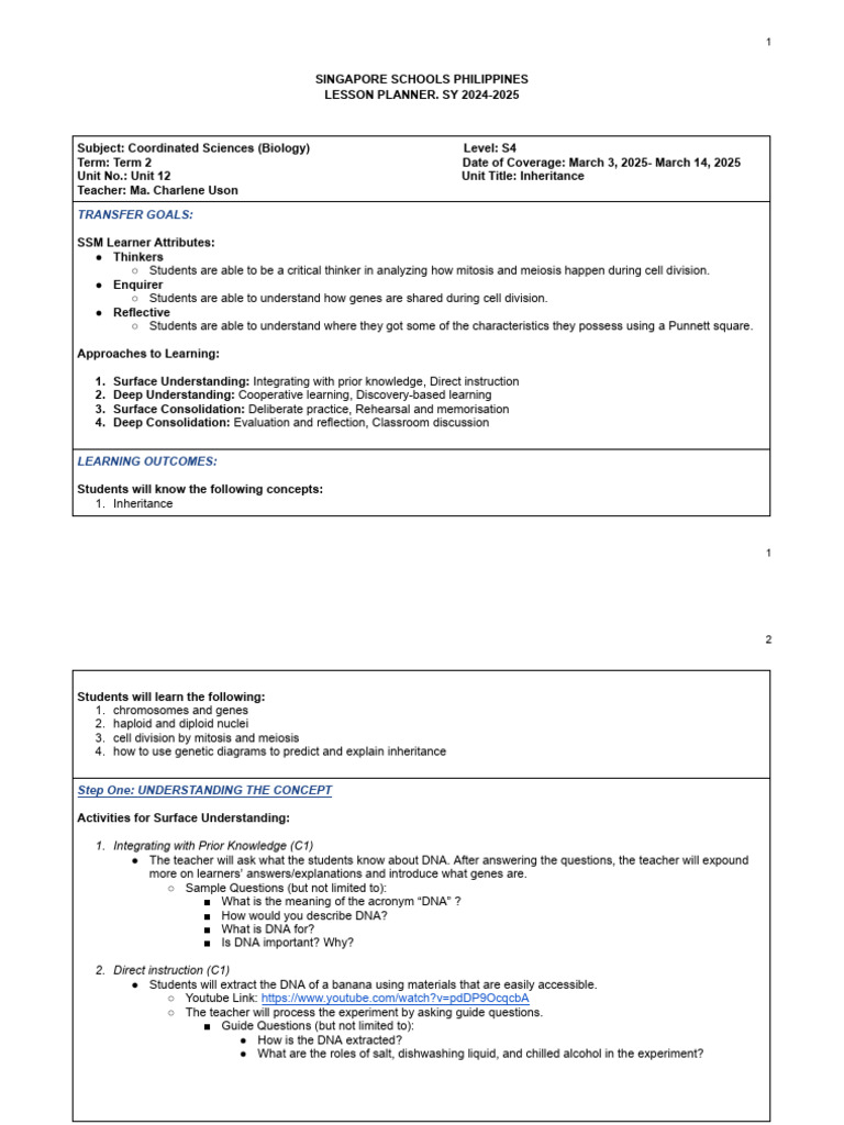 Singapore Schools Biology Lesson Plan | PDF | Meiosis | Ploidy