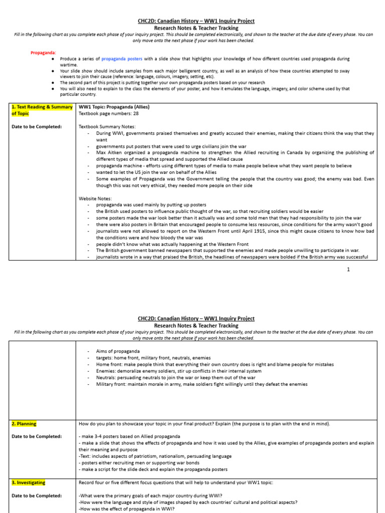 David Liu - WW1 Inquiry Graphic Organizer | PDF | Propaganda | Knowledge
