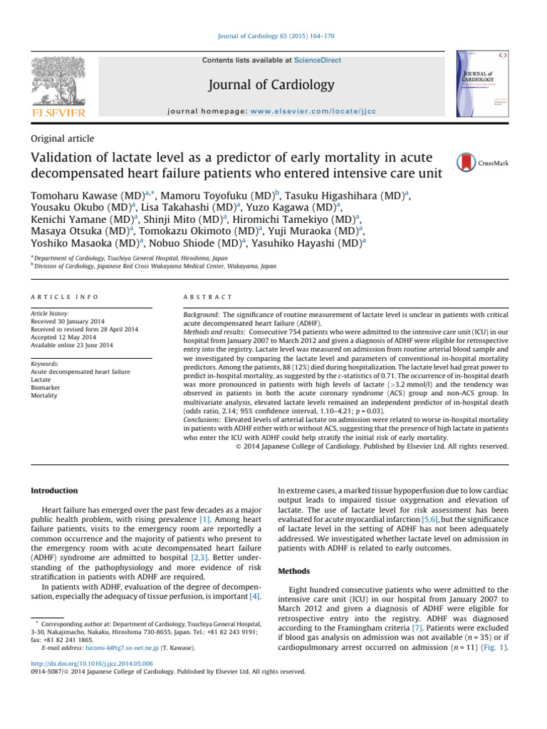 Validation of Lactate Level As A Predictor of Early Mortality in ADHF in ICU | PDF | Blood ...