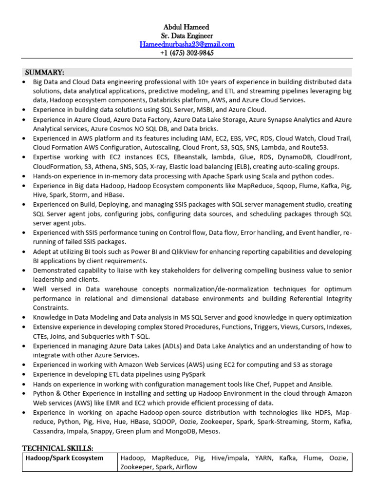 Abdul Hameed Sr. Data Engineer +1 (475) 302-9845 Summary:: Hadoop/Spark Ecosystem | PDF | Apache ...