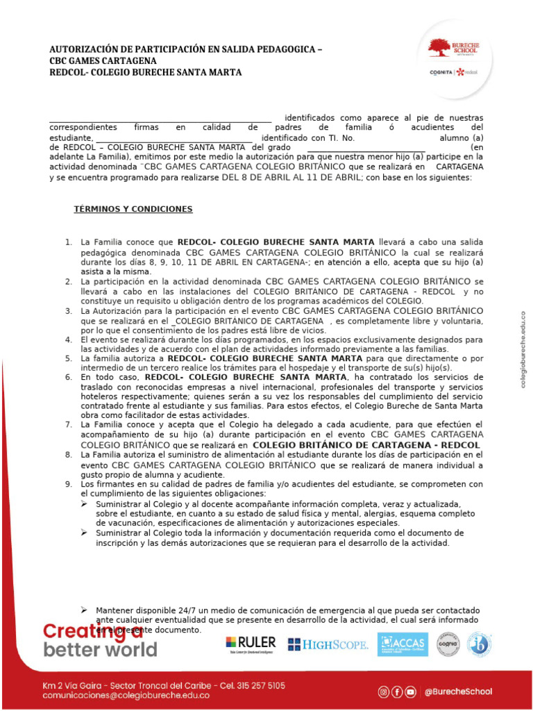 Autorización Salida Pedagógica CBC Games | PDF