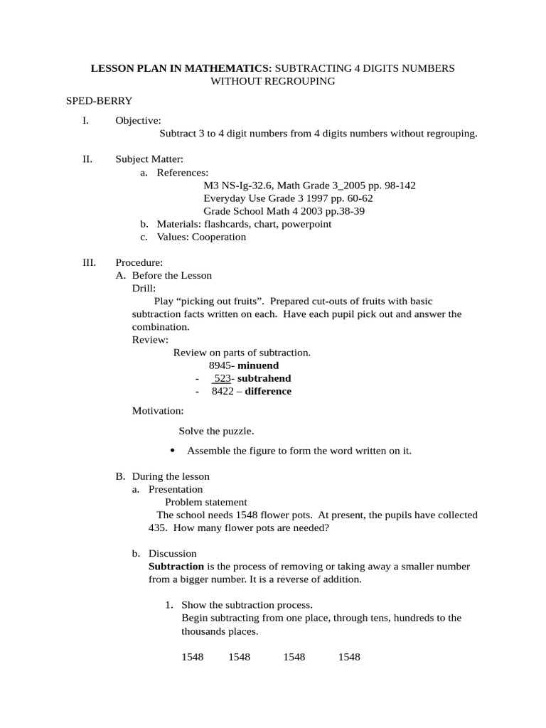 Subtracting 4-Digit Numbers Lesson Plan | PDF | Subtraction | Mathematics