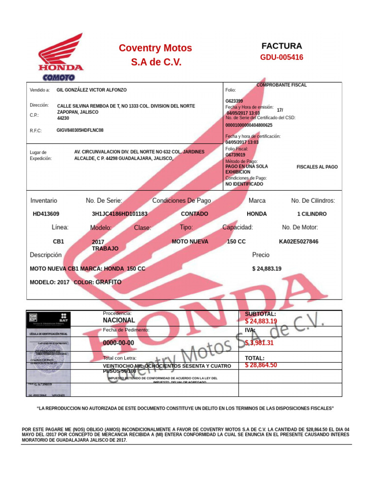 Honda Cb1 Factura Compress | PDF