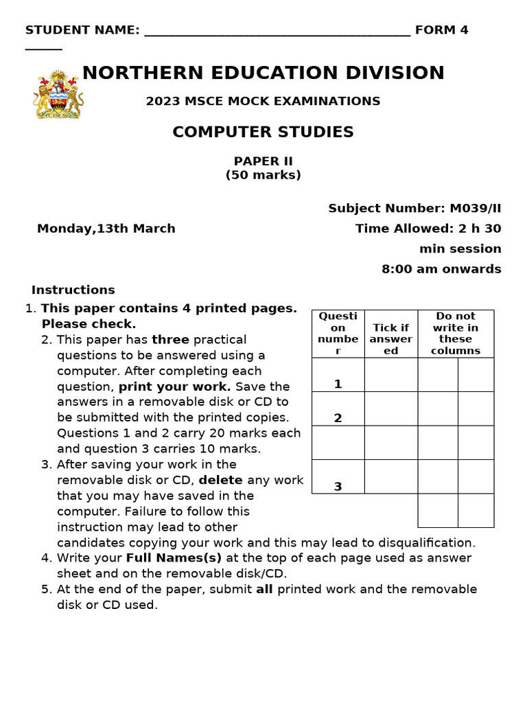 2023 MSCE Computer Studies Mock Exam | PDF | Computing