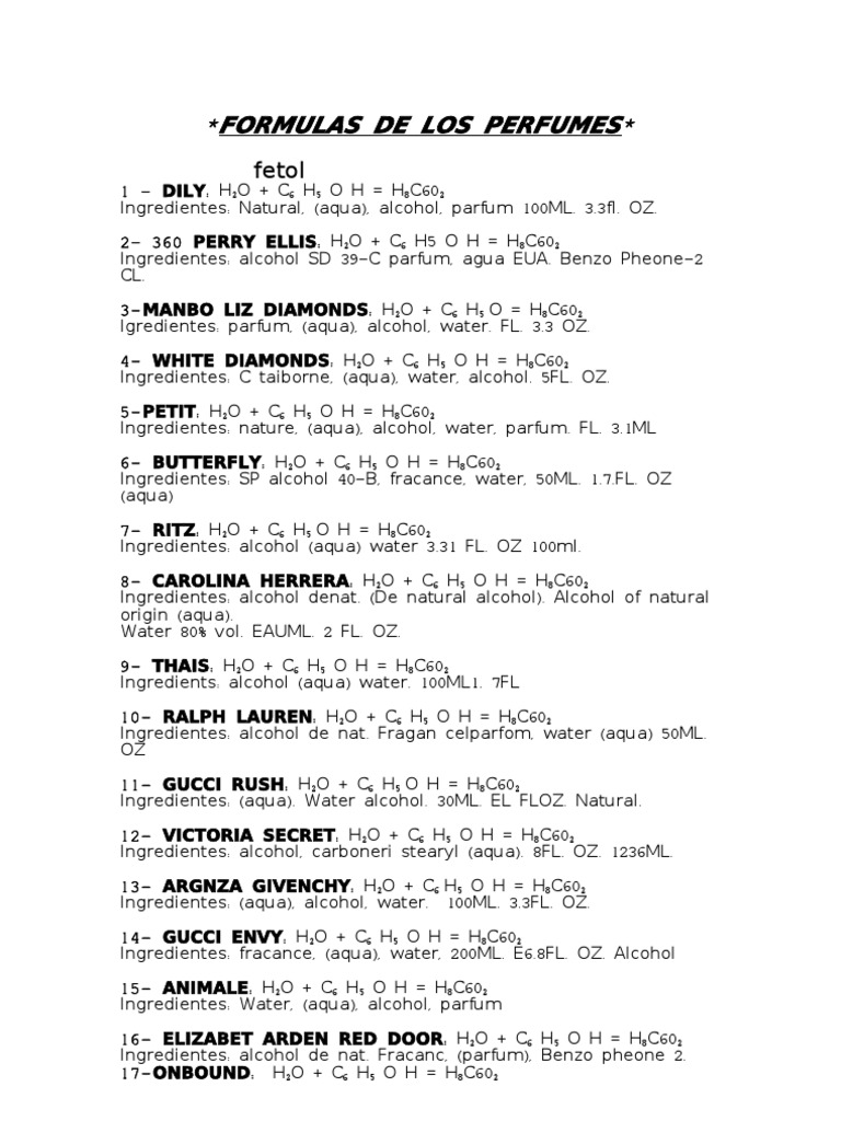 Fórmulas e Ingredientes de Perfumes | PDF | Cocina, comidas y vino