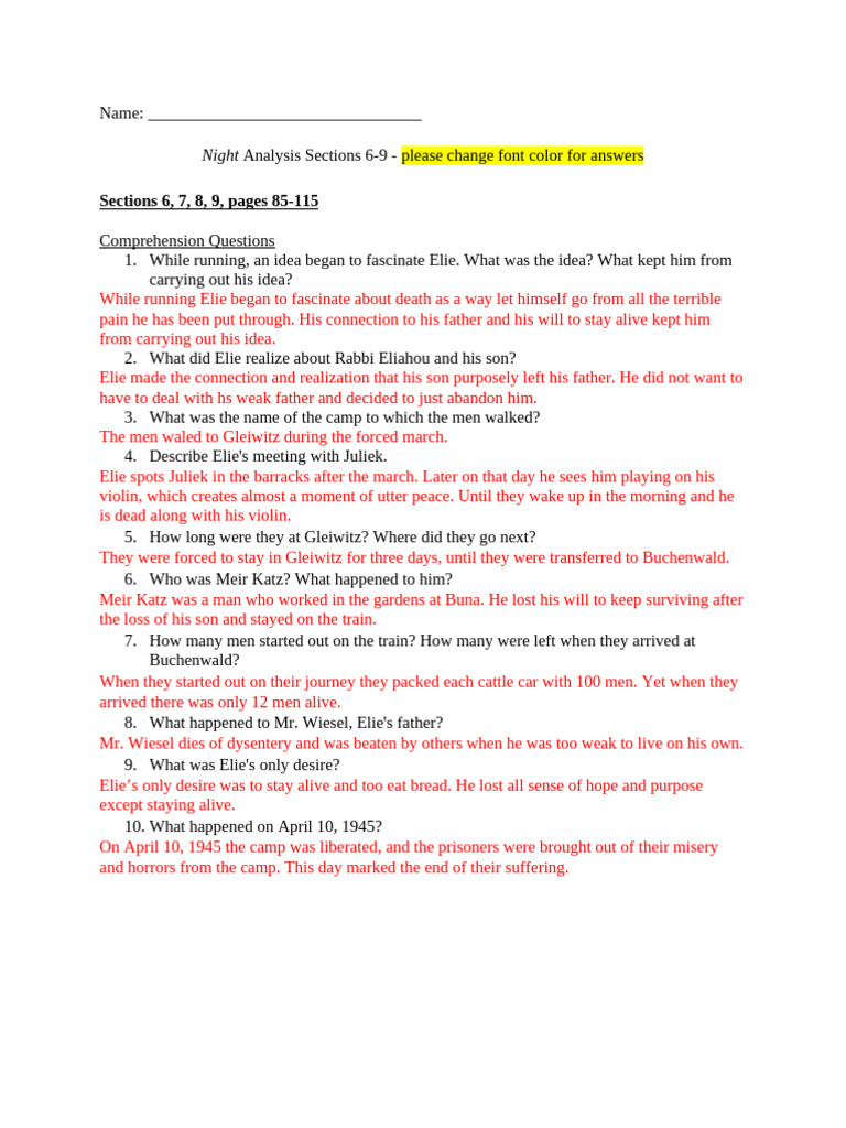 Night Analysis Ch. 6-9 (Pg. 85-115) | PDF