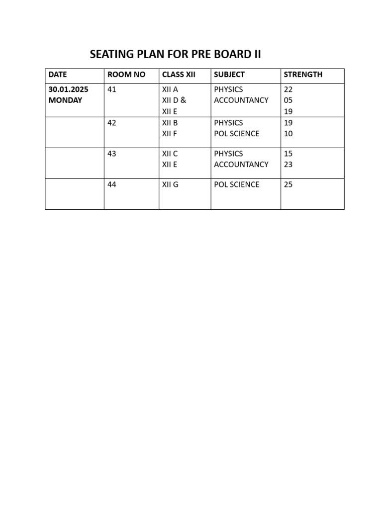 30jan Seating Plan For Pre Board I1 | PDF