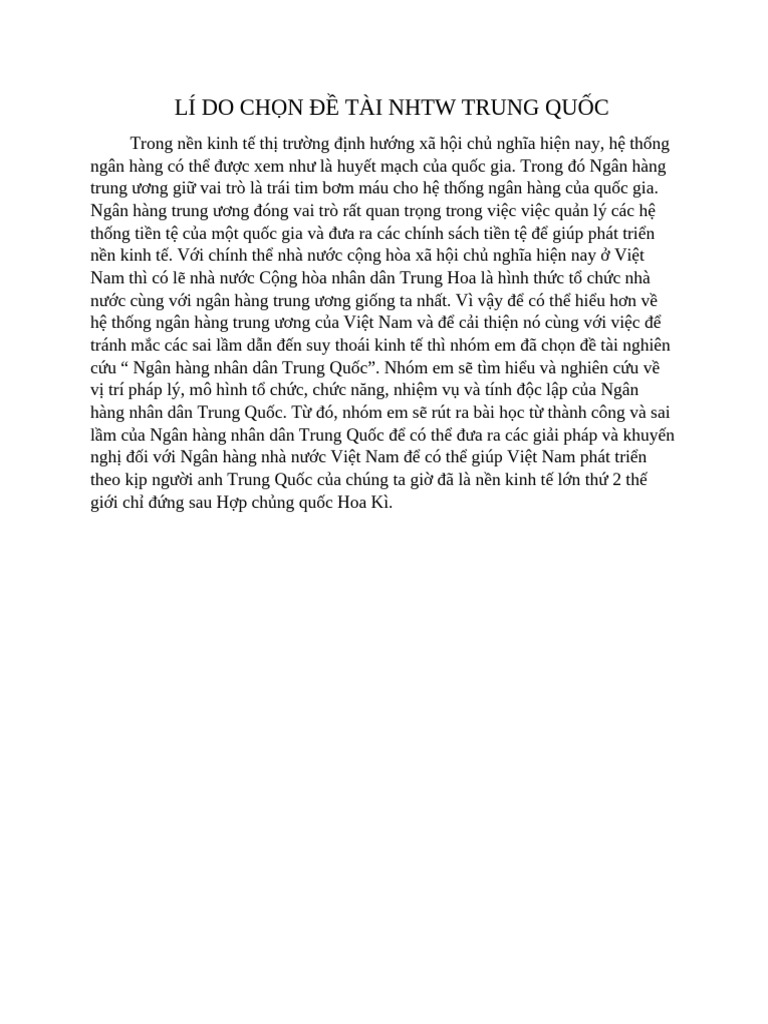 LÍ DO CHỌN ĐỀ TÀI NHTW TRUNG QUỐC | PDF