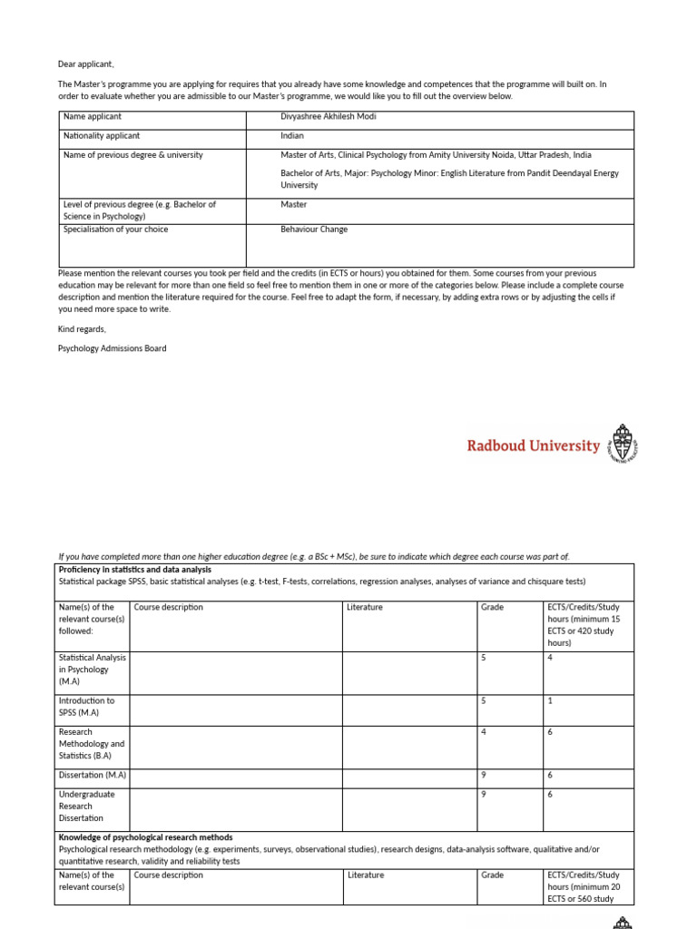 Psychology Admission Requirements Form | PDF | Academic Degree | Master ...