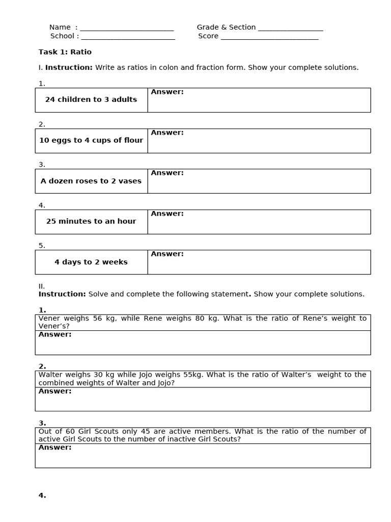 Grade 5 Ratio and Proportion Worksheet | PDF | Ratio | Mathematics