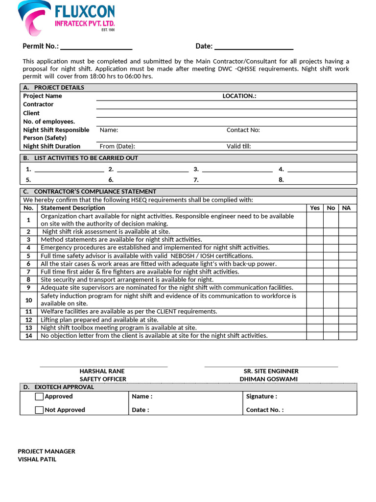 Night Work Permit Application Form | PDF | Safety