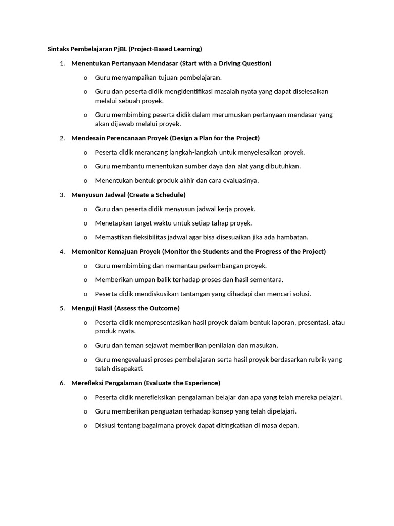Sintaks Pembelajaran Project Based Learning | PDF
