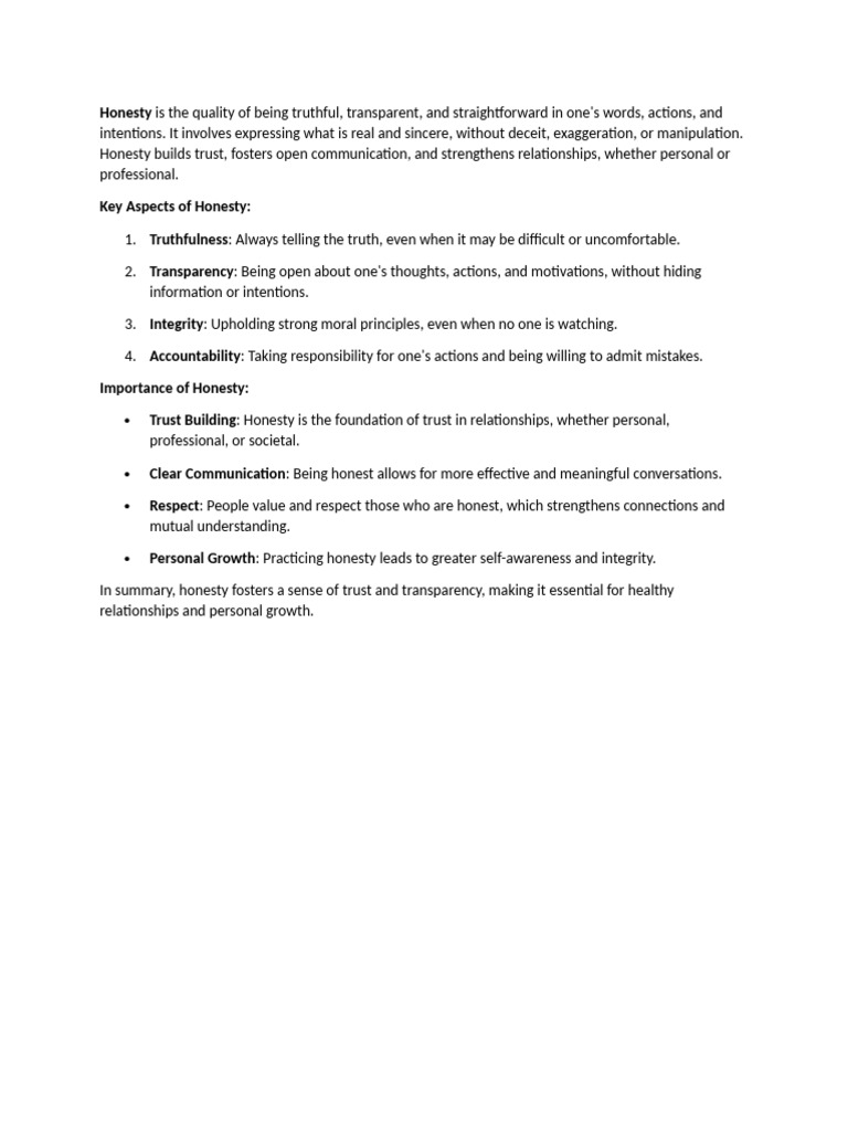 Honesty Is The Quality of Being Truthful | PDF