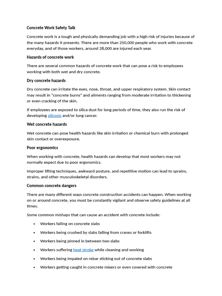 Concrete Work Safety Talk | PDF | Concrete | Hazards