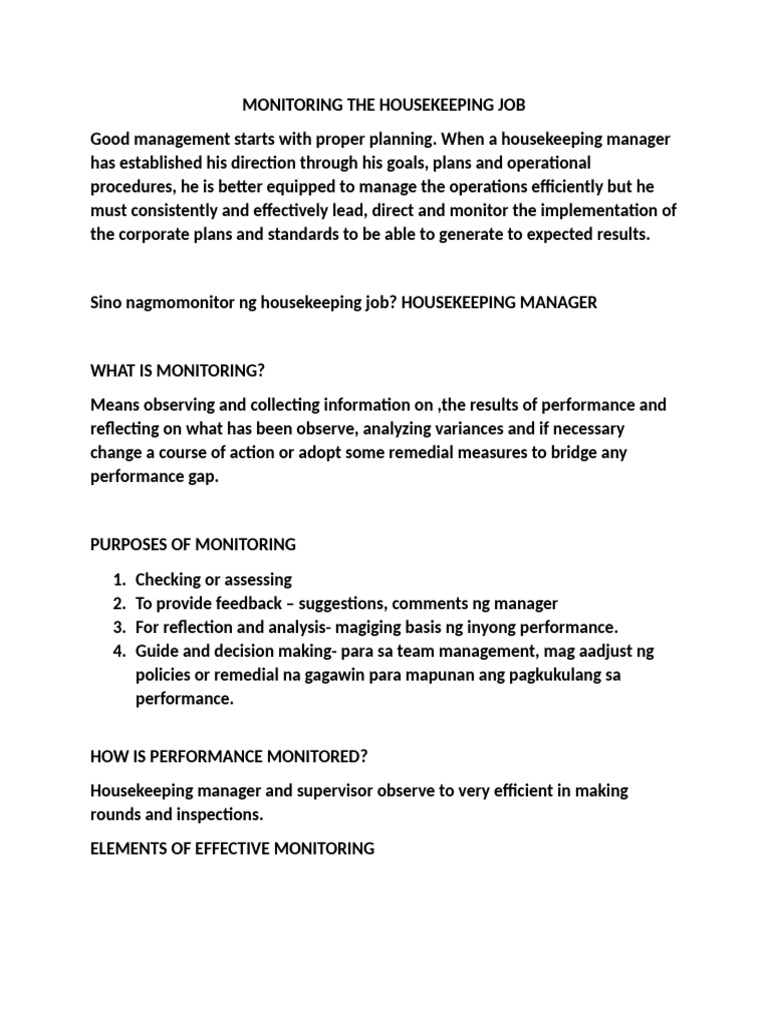 Housekeeping Job Monitoring Guide | PDF | Business