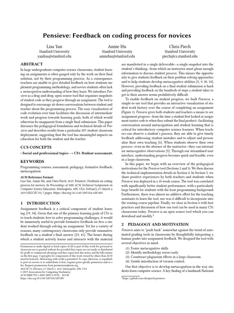 Feedback On Coding Process For Novices | PDF | Metacognition | Computer ...