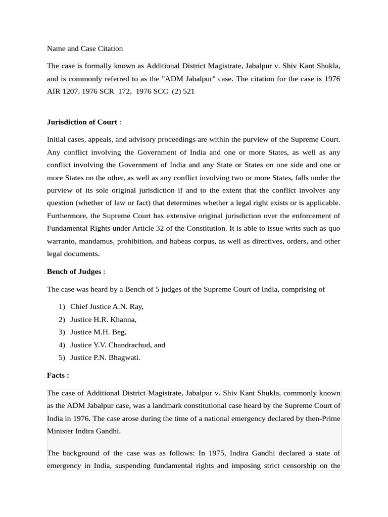 ADM Jabalpur Case: Emergency Powers Examined | PDF | Habeas Corpus ...