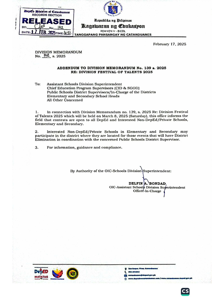 REC-DM-142-s. 2025 Addendum to Division Memo No. 139, s.2025 re Division Festival of Talents ...
