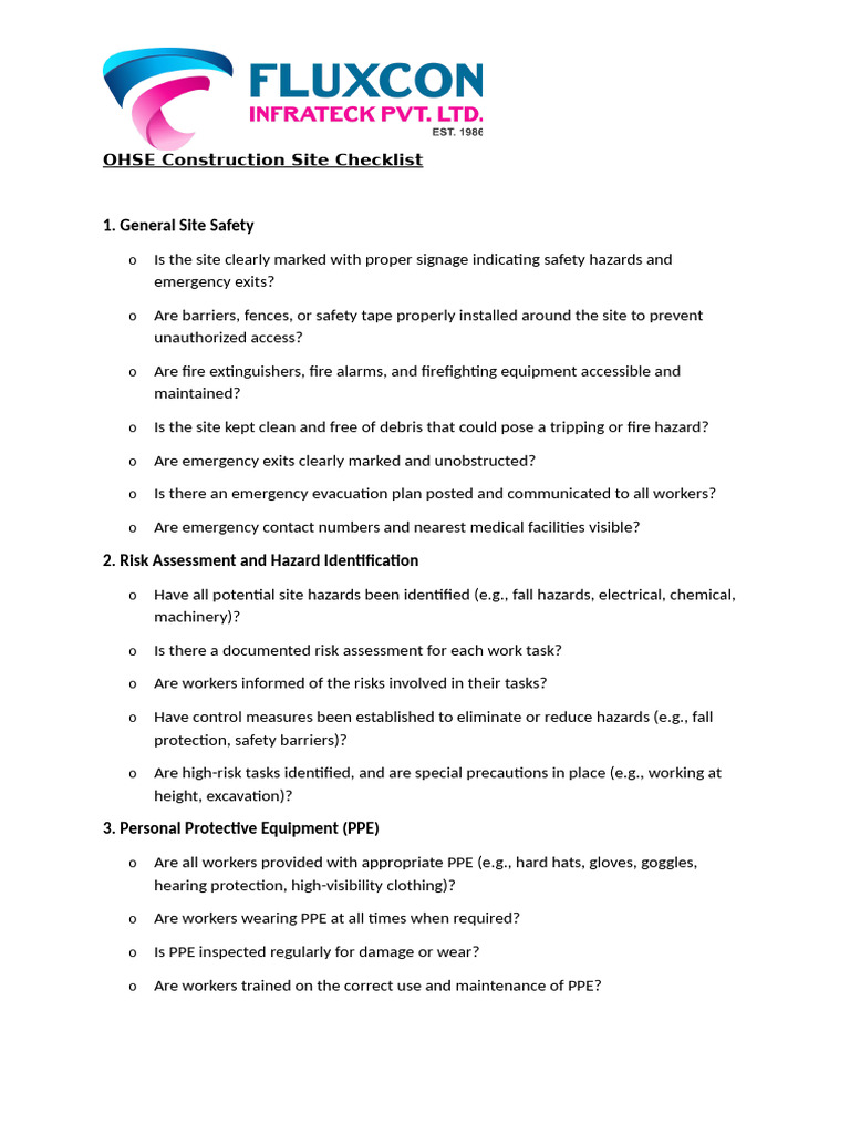 OHSE Construction Site Checklist | PDF | Personal Protective Equipment ...