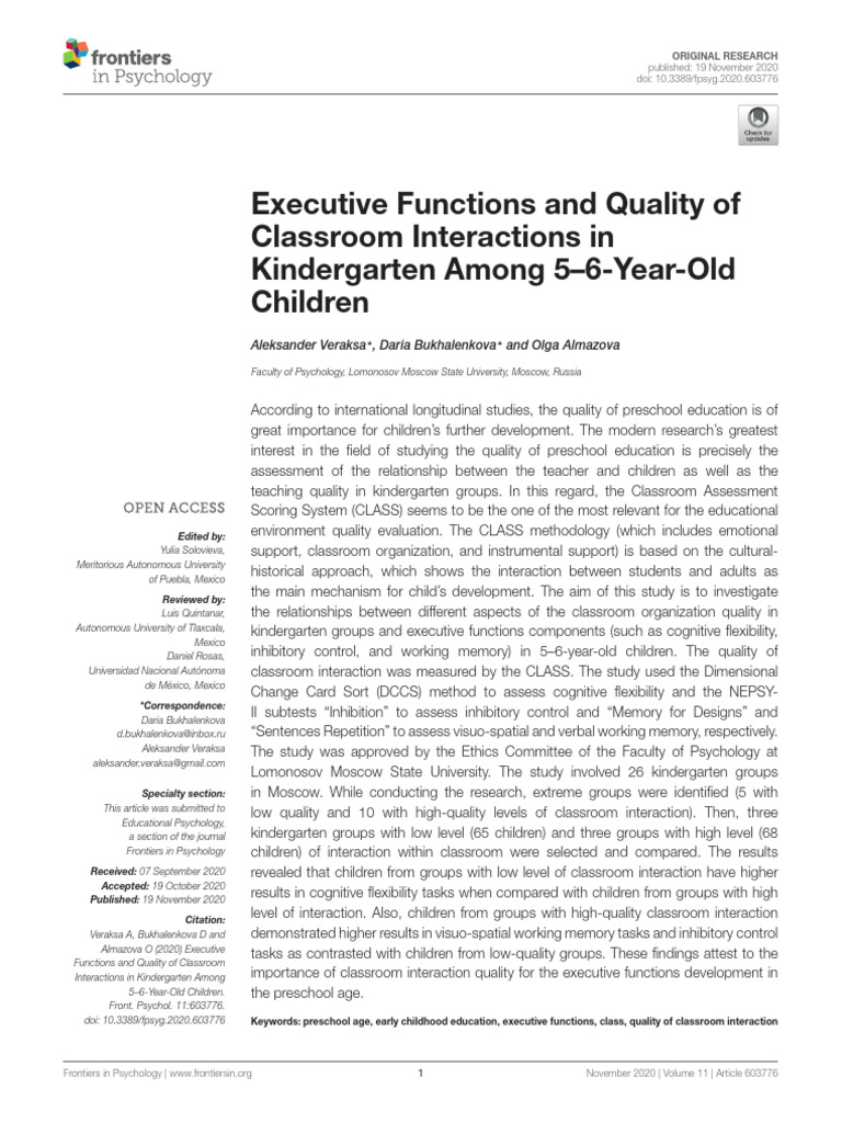 Executive Functions and Quality of Classroom Interactions in Kindergarten Among 5-6-Year-Old ...