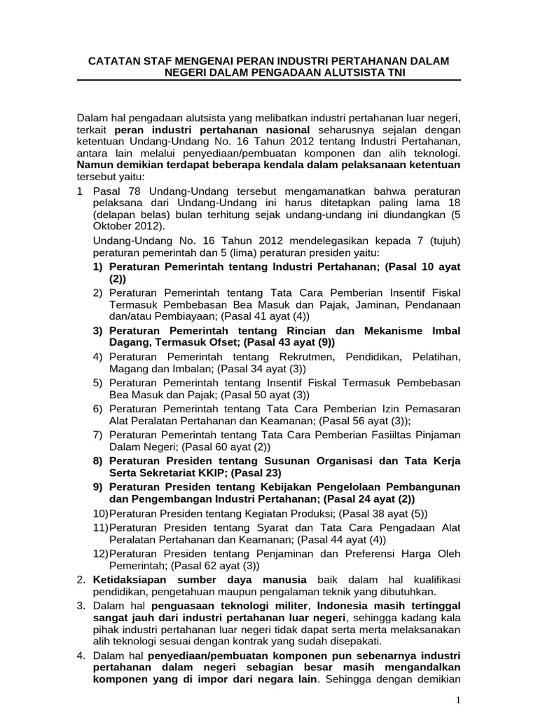 catatan staf peraturan pelaksana uu industri pertahanan | PDF