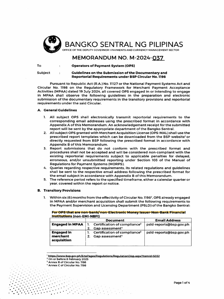 BSP Memorandum No M-2024-037 | PDF