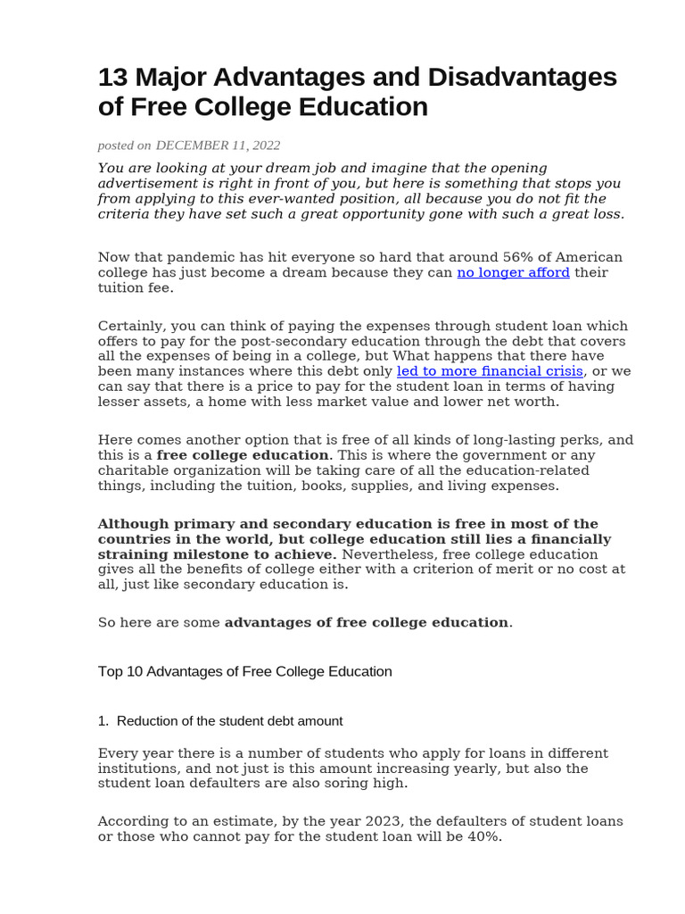 Advantages and Disadvantages of Free College | PDF | Student Loan | Debt