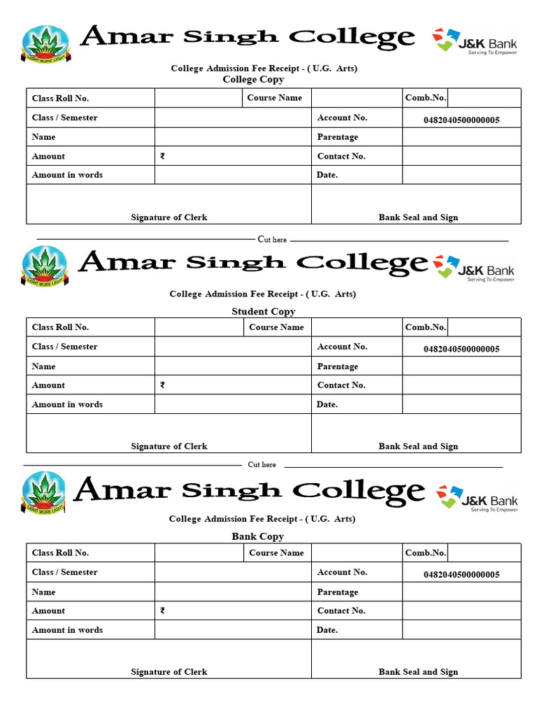 Bank Fee Slip For College Admission Fee - Arts | PDF