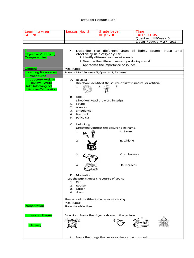 Detailed Lesson Plan For Cot Science 3 q3 Wee5 Mga Tunog - 020551 | PDF