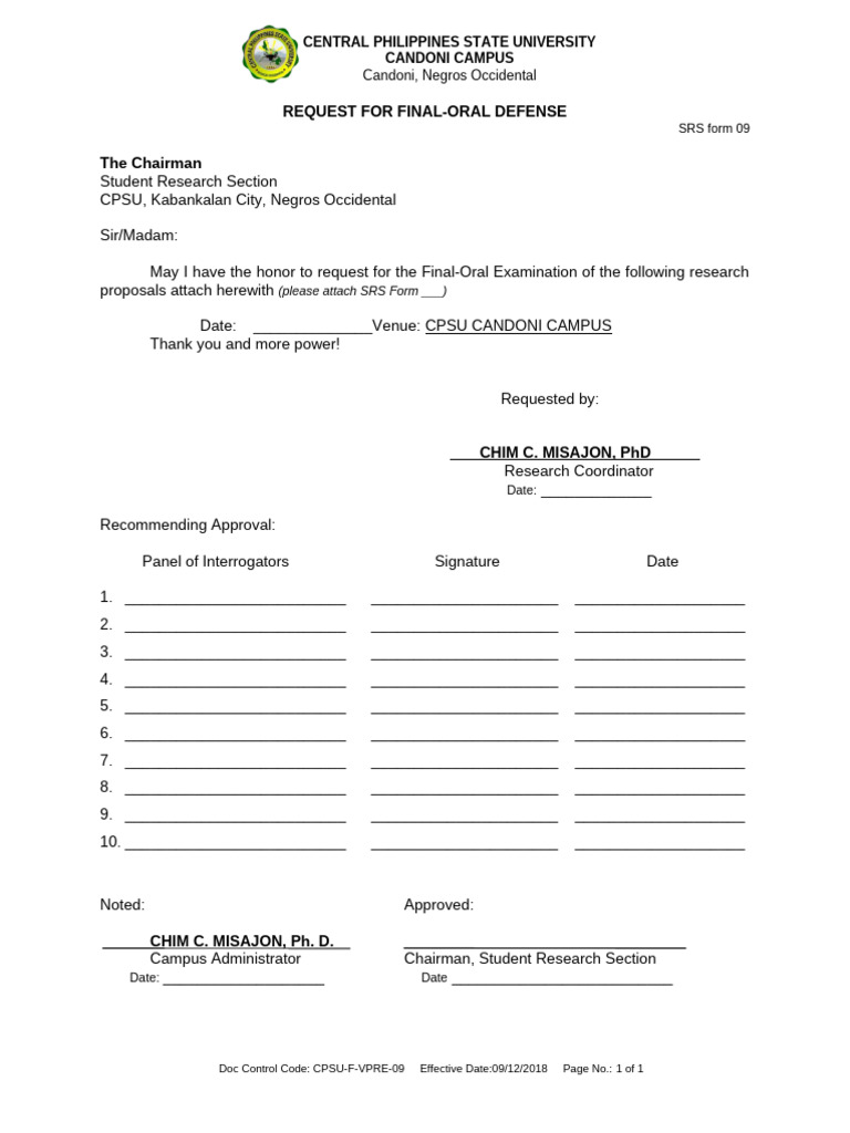 SRS 09 Request For Final Oral Defense 1 1 | PDF | Postgraduate Education | Higher Education