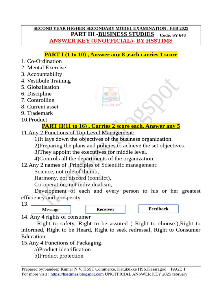 Hsslive Xii Bs Key Sandeep Model 2025 | PDF | Capital Structure | Business Economics
