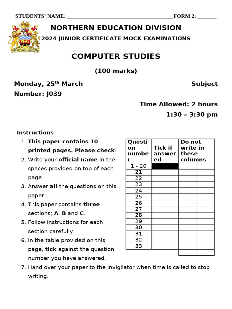 2024 Ned Computer Studies Jce Mock | PDF | Computer Hardware | Cursor (User Interface)