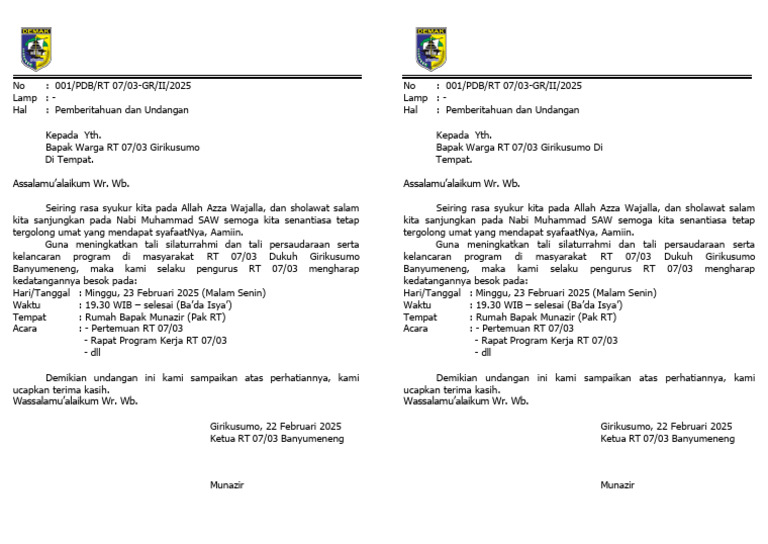 Undangan RT 07 RW 03 - Rapat Program Kerja | PDF