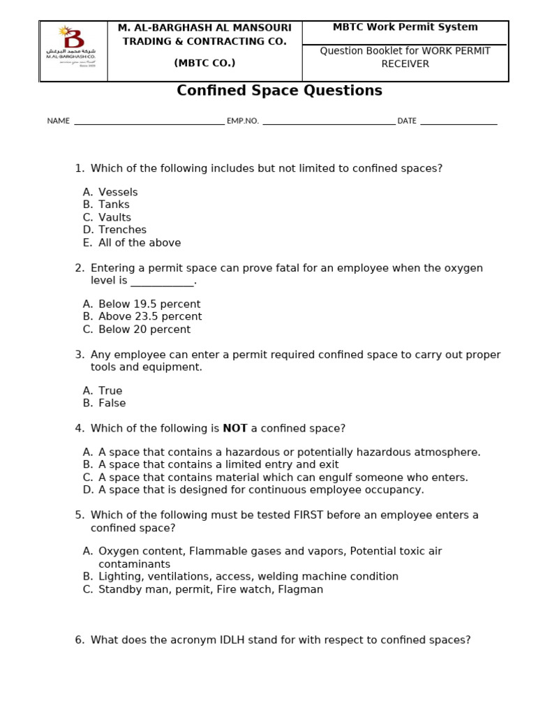 Confined Space Questions and Answers | PDF | Safety | Occupational Safety And Health